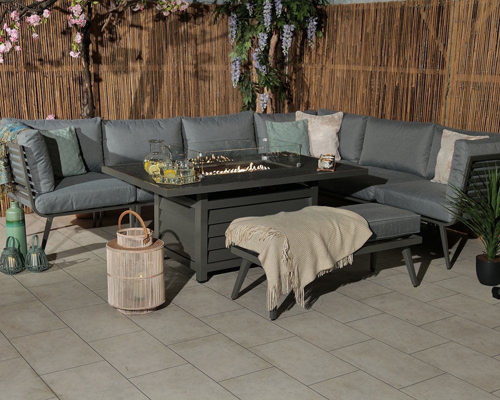 Mayfair corner lounging set with fire pit table by royalcraft